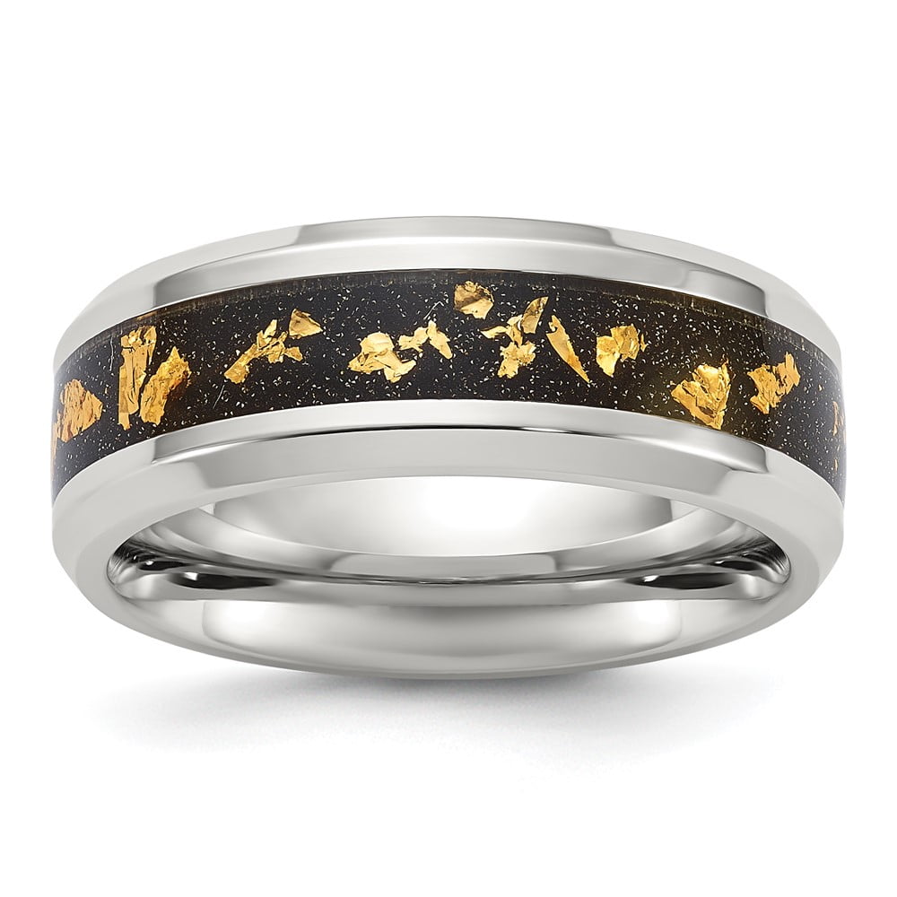 Chisel Stainless Steel Polished with Black and Gold Foil Inlay 8mm Band ...