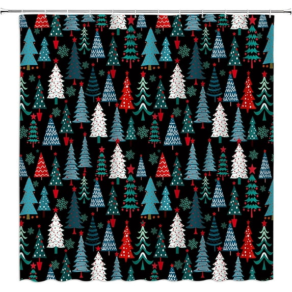 Chistmas Tree Shower Curtain Blue Red Black Xmas Tree Snowflake Forest ...