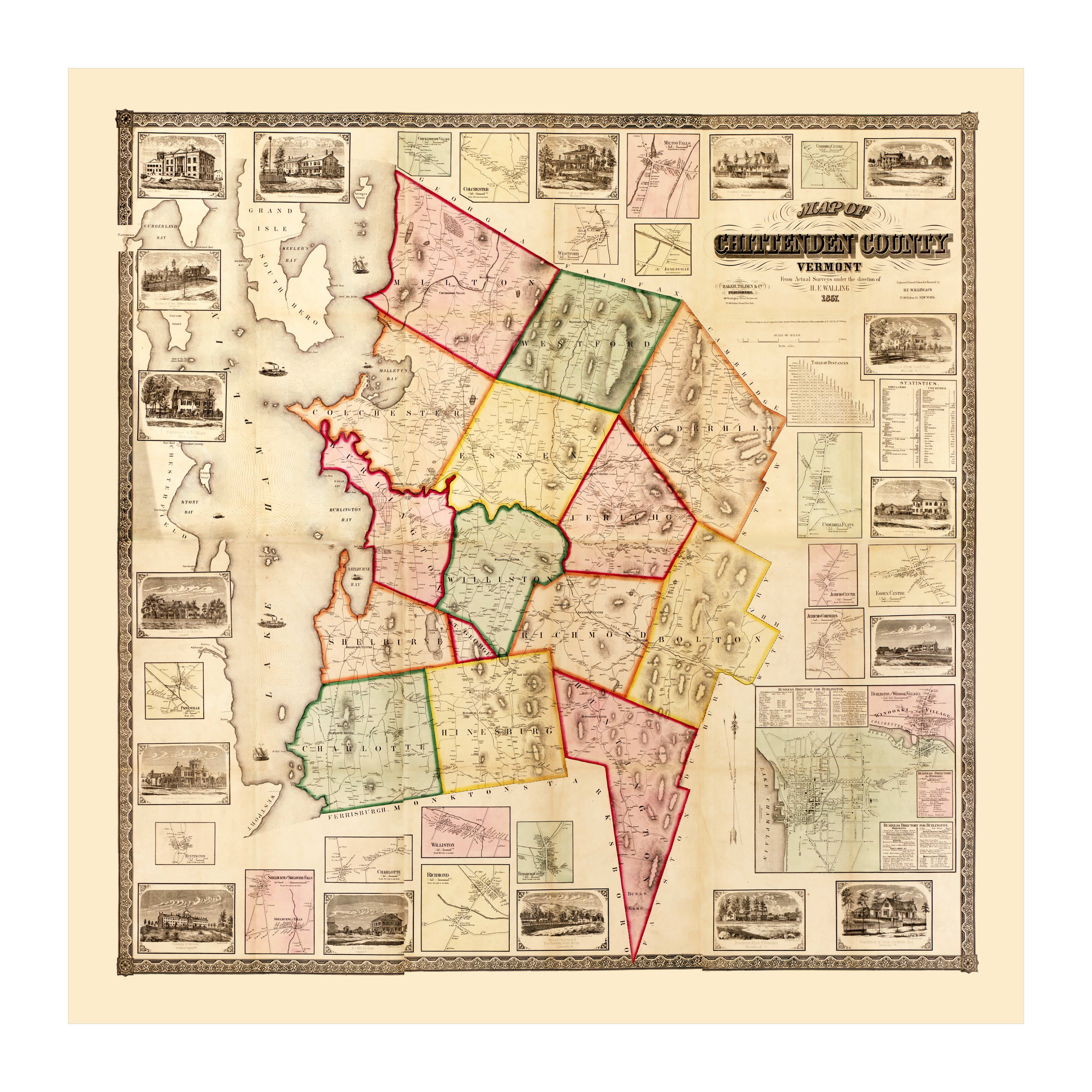 Chittenden County Vermont Art, 1857 Vintage Map of Chittenden County VT ...