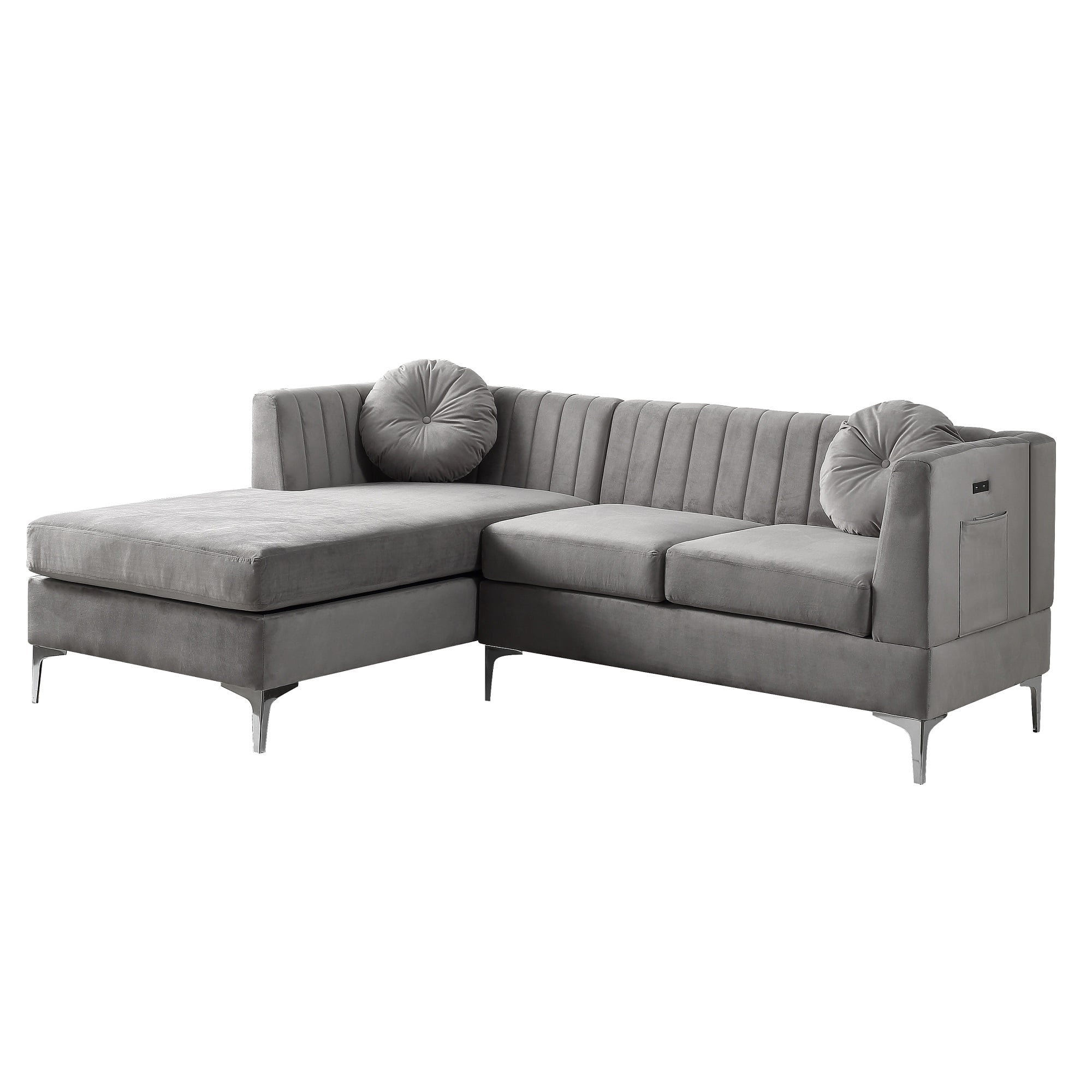 Chloe Gray Velvet Sectional Sofa Chaise with USB Charging Port ...