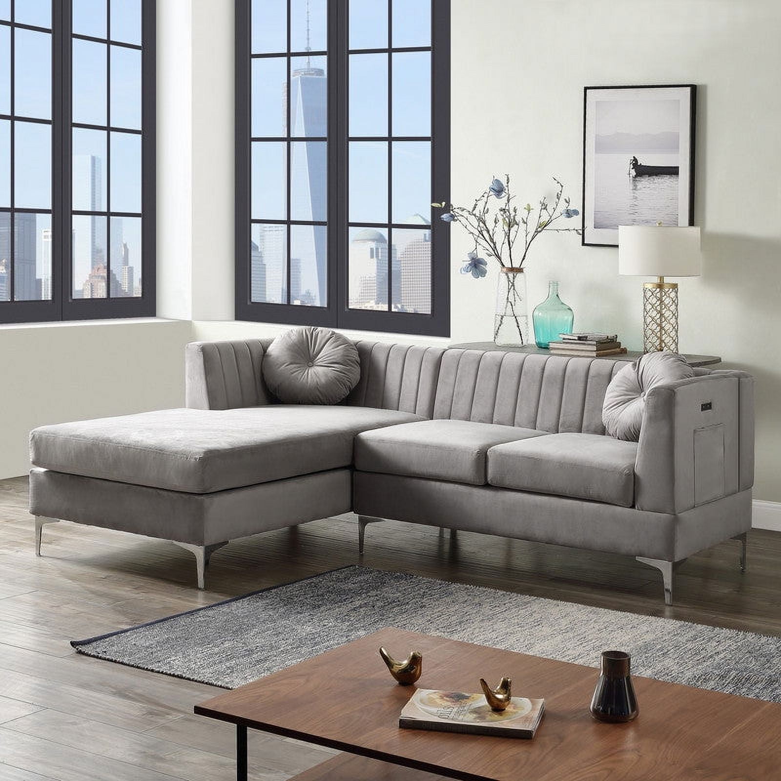 Chloe Velvet Sectional Sofa Chaise with USB Charging Port - Gray ...