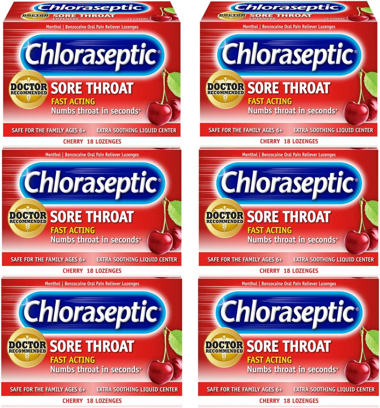 Chloraseptic Sore Throat Lozenges, Cherry Flavor, 18 Count, 6 Pack ...
