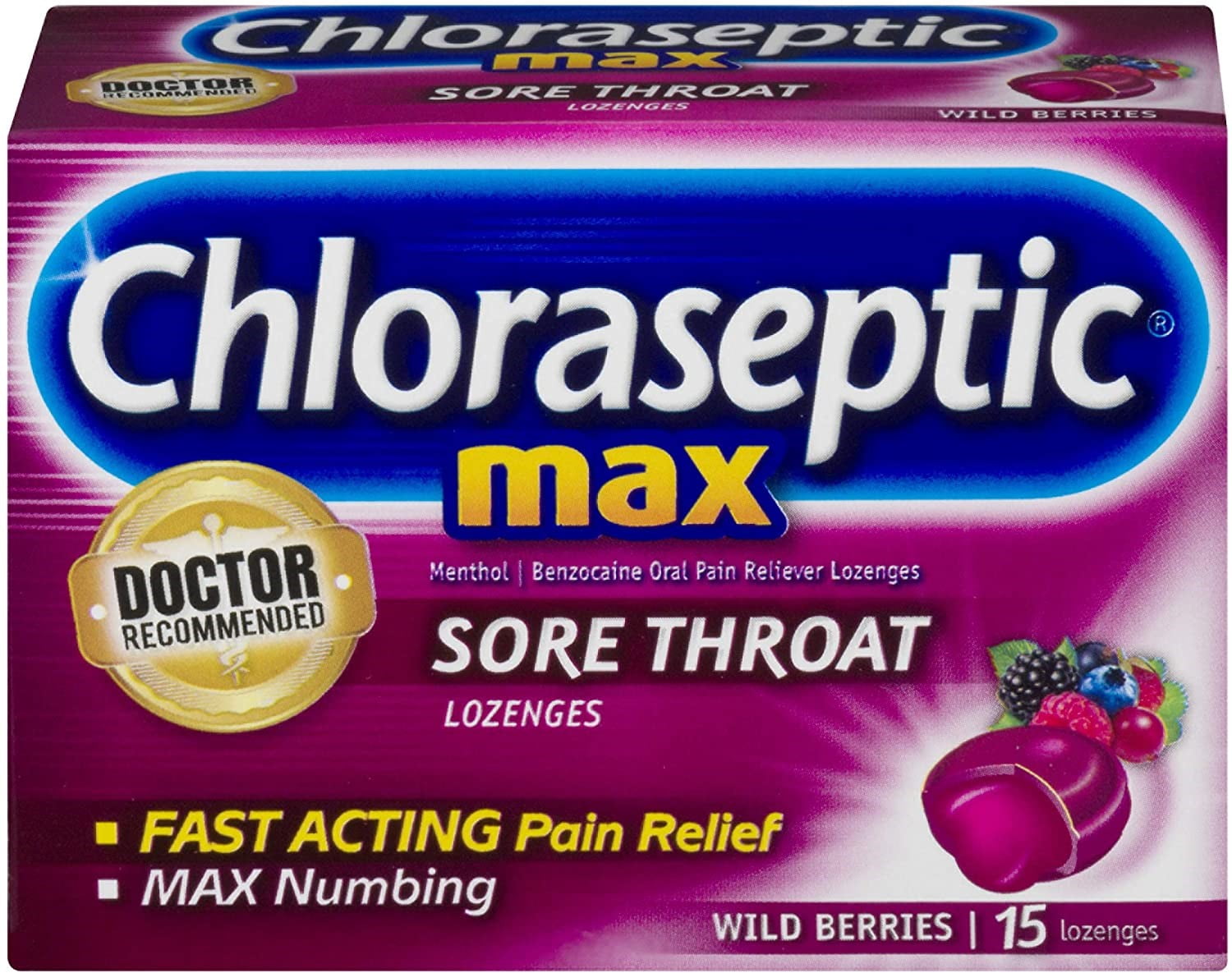 Chloraseptic Max Strength Sore Throat Lozenges, Wild Berries 15 ea Pack ...