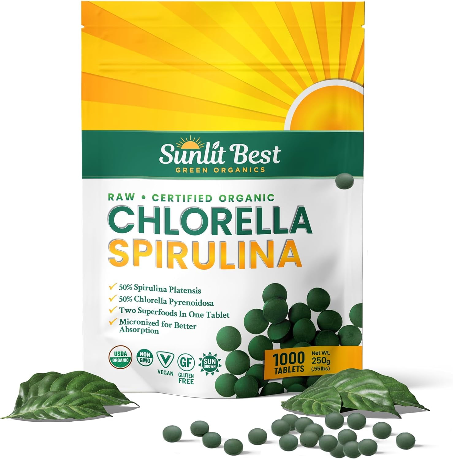 Sunlit Best Green Organics Chlorella Spirulina 50/50 Mega-Pack 1000 ...