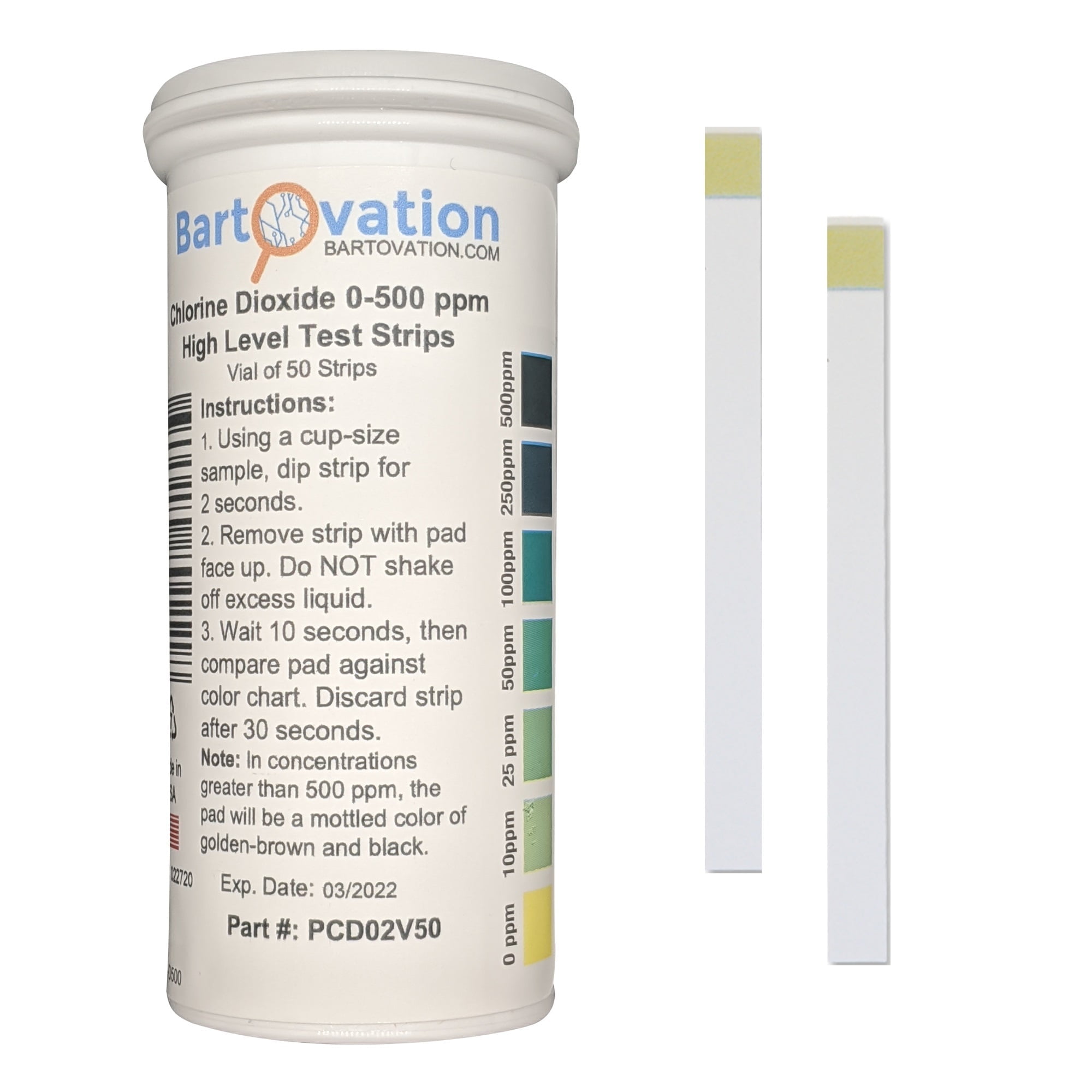 Bartovation Chlorine Dioxide Single Factor Plastic Test Strip, 0-500ppm ...