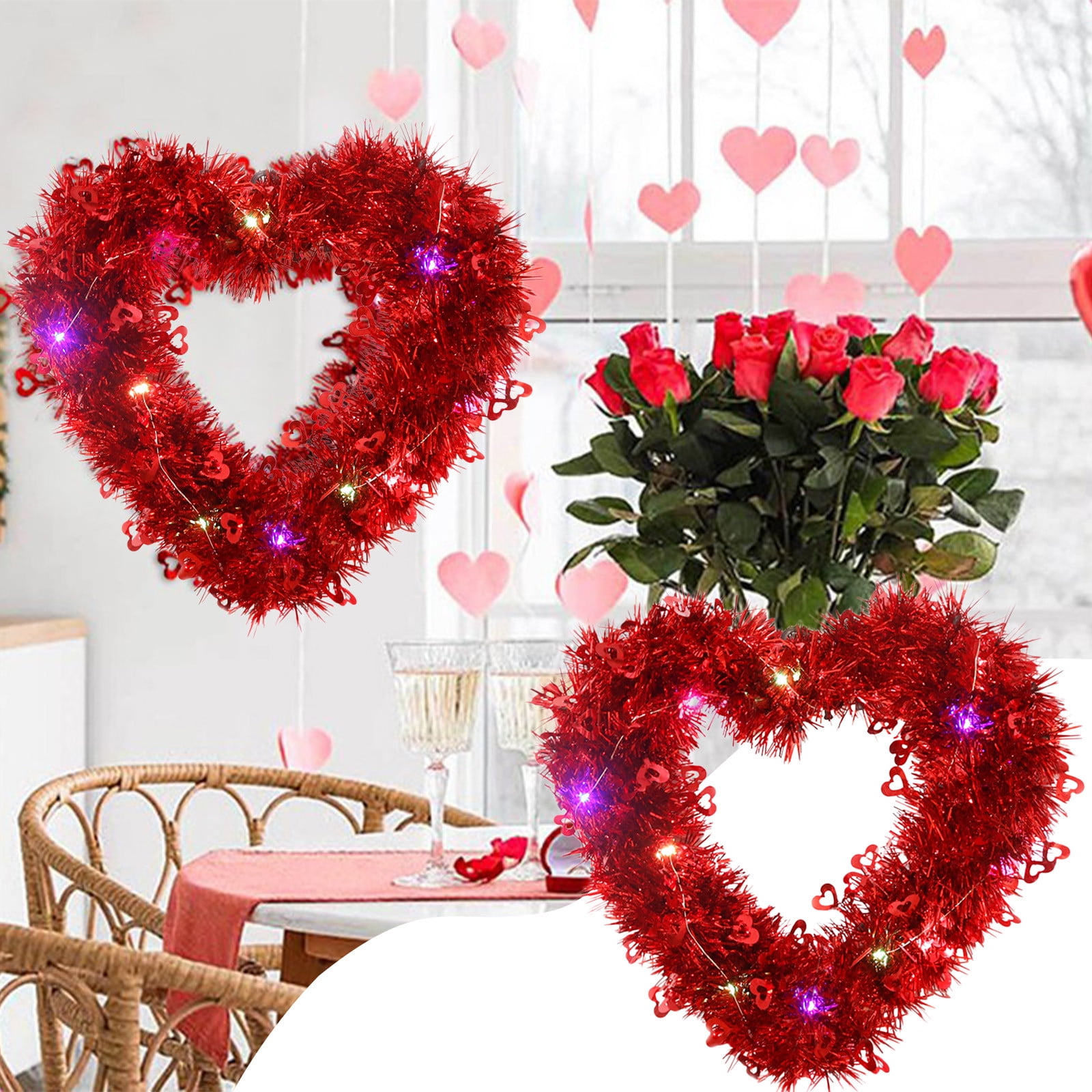 Chmadoxn 11.8x11.8 Inch Valentines Heart Tinsel Garland Decorations ...