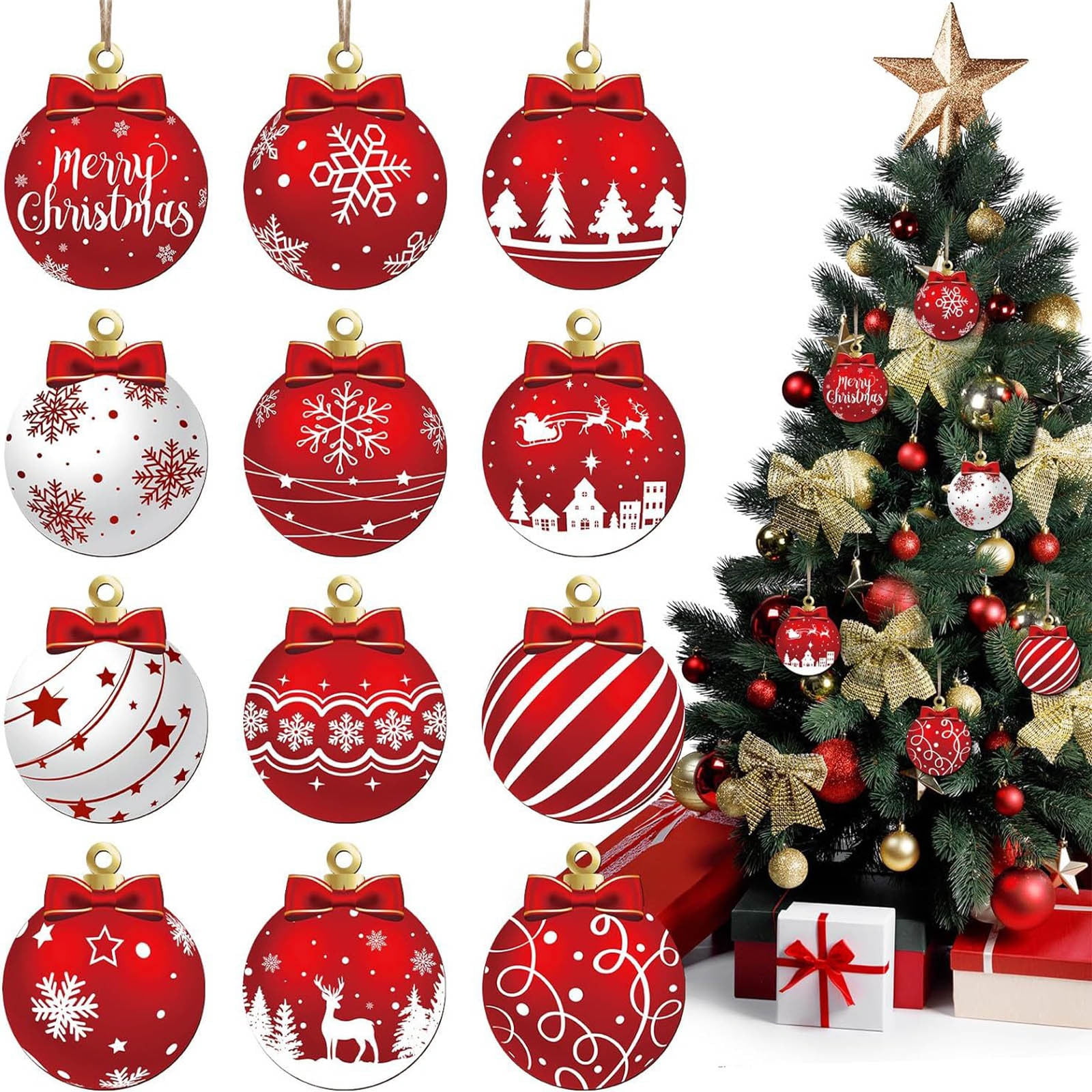 Chmadoxn 12 Pcs Wood Christmas Balls Ornaments, 3 Inch Hanging Xmas ...