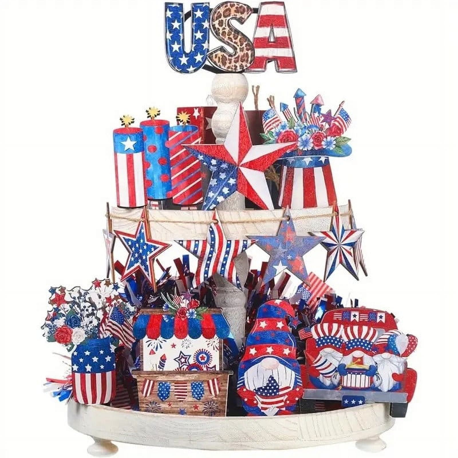 Chmadoxn Patriotic Farmhouse Tiered Tray Decor Set 4th of July Tiered ...