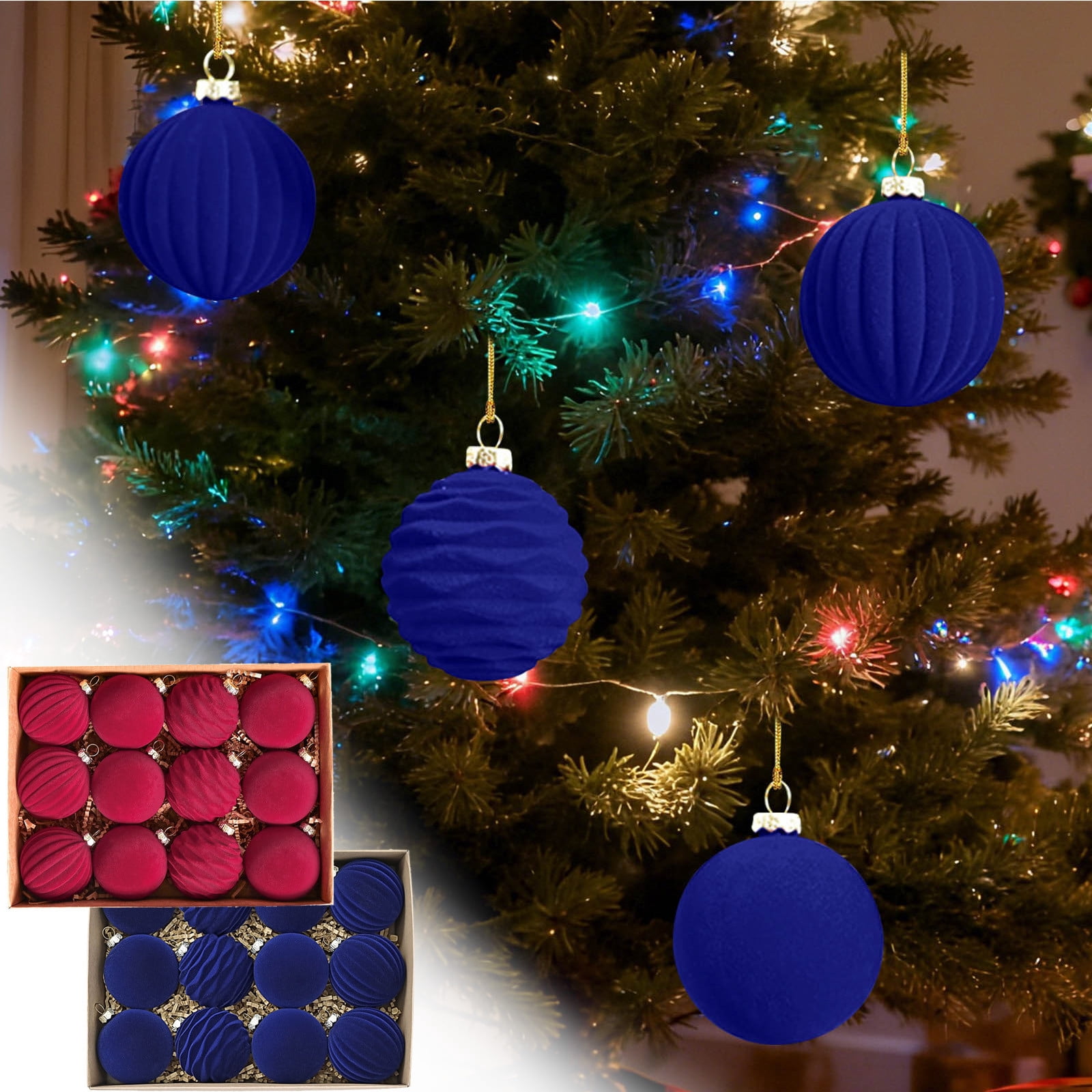 Chmadoxn Velvet Christmas Balls 12ct Burgundy Red Flocked Christmas ...