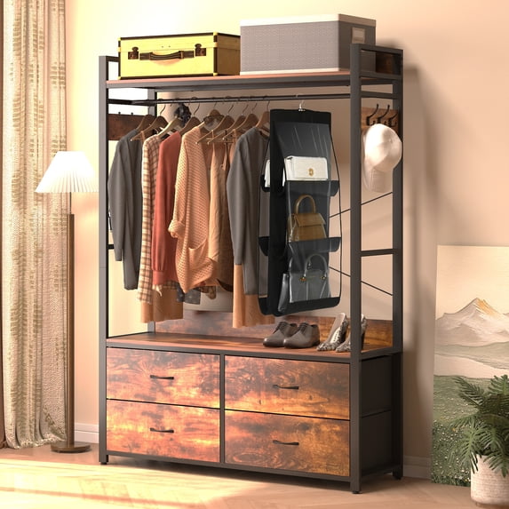 Chnnmbrn, Clothes Rack with Drawers, Industrial Clothing Rack, Brown ...