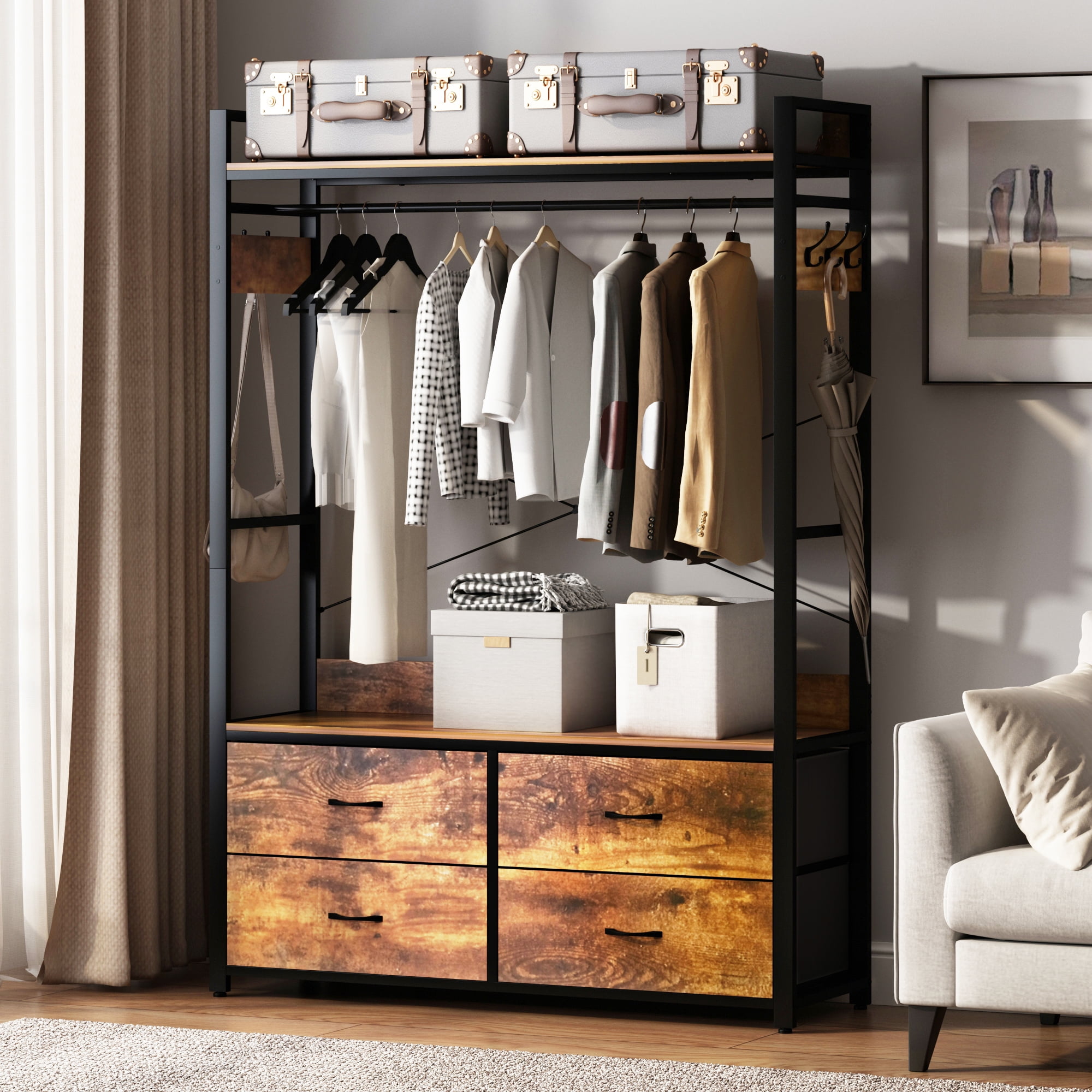 Chnnmbrn Clothes Rack with Drawers,metal Garment Rack with Hanging Rod ...