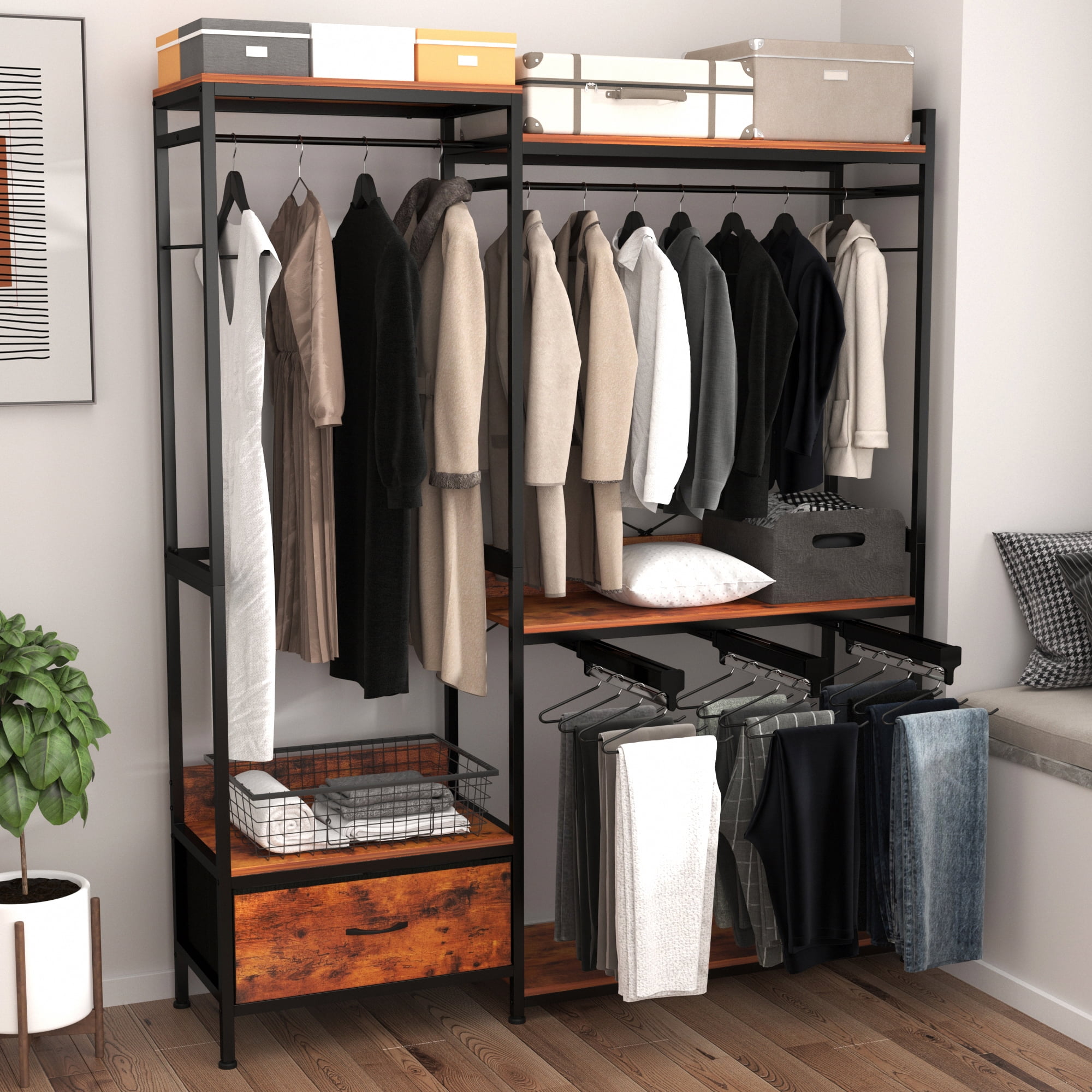 Chnnmbrn Clothes Rack with Drawer，Industrial Garment Rack with 3 ...