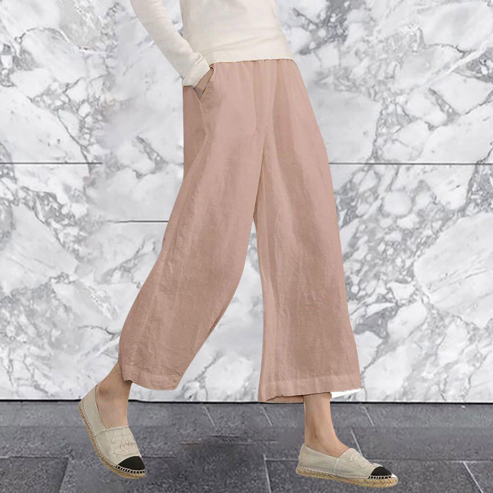 Chnzic 2024 Womens Casual Loose Elastic Waist Cotton Trousers Seven