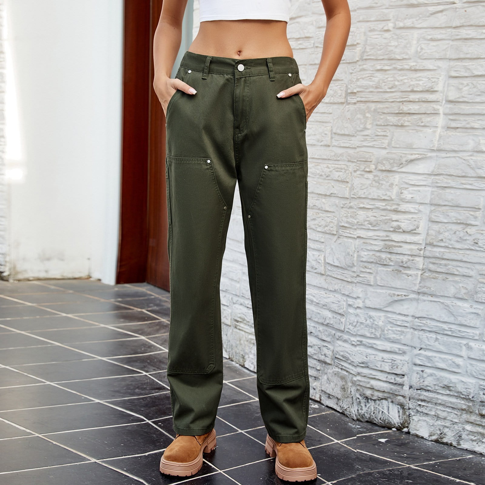 Chnzic Women Solid Color Straight Slim Washed Design Semi Elastic Waist