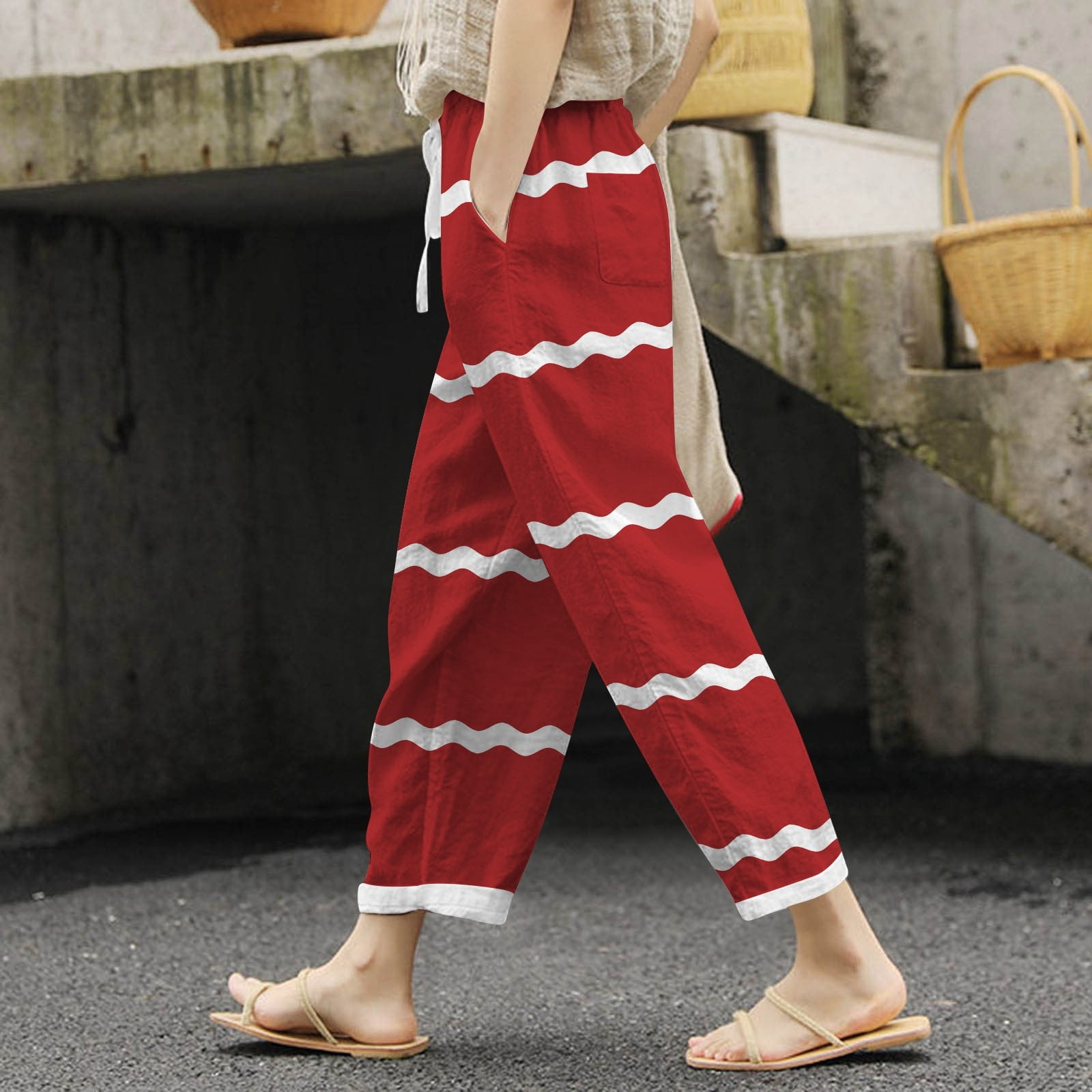 Chnzic Womens F Summer Cotton Linen Pants Loose Pocket Elastic Waist