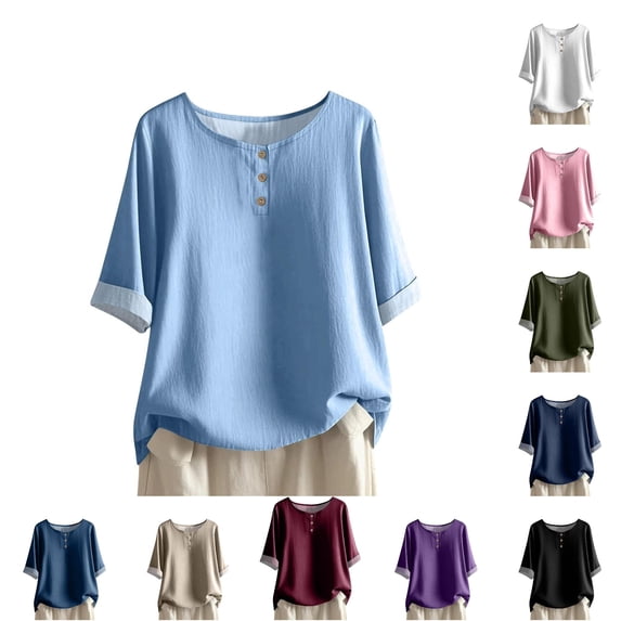 ChoXxx Women's Casual Loose Fit Button Down Plain Crew Neck Soft ...