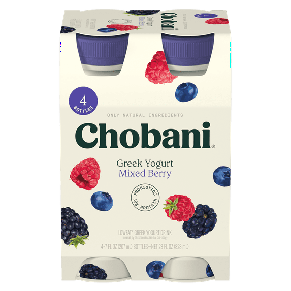 Chobani Low-Fat Greek Yogurt Drink Mixed Berry 7 fl oz Bottle 4 Pack ...