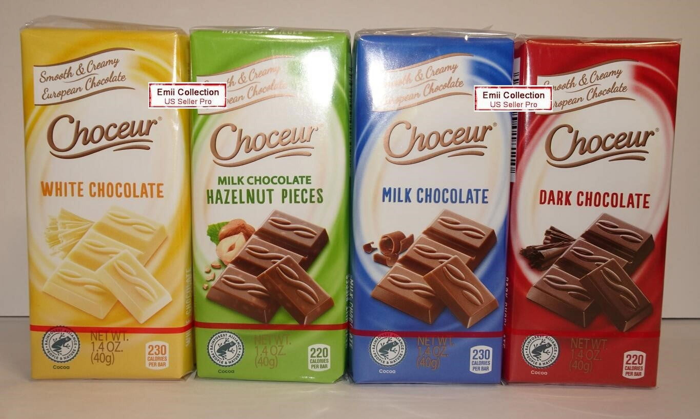 Choceur White Chocolate, Milk Chocolate Hazelnut Pieces, Milk Chocolate, Dark Chocolate 7oz 200g ...