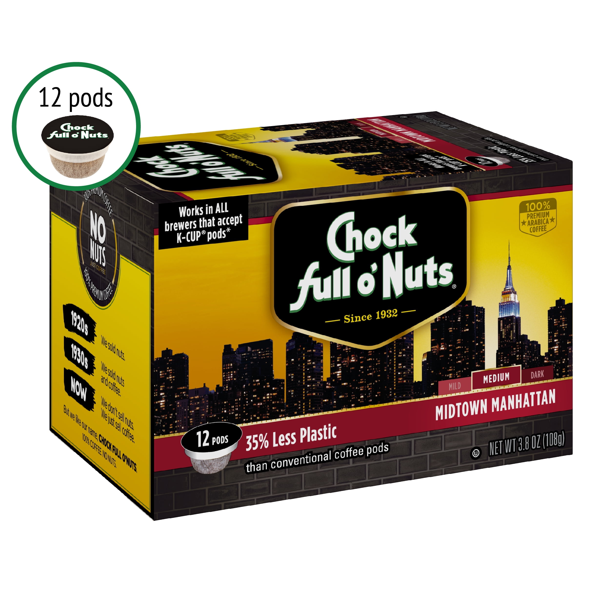 Chock full o'Nuts Midtown Manhattan K-Cup Coffee Pods, Medium Roast, 12 ...