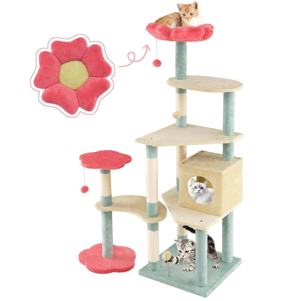 Choco Moon 61" Aesthetic Floral Kitten Tower w/Flower Plush Padded ...