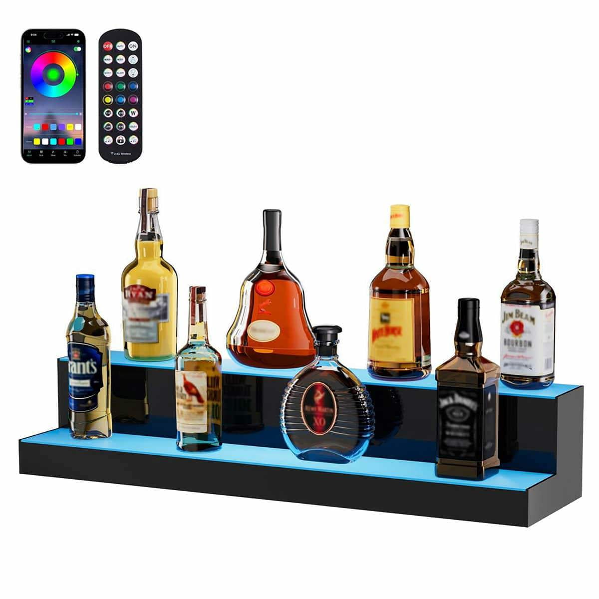 Choco Moon LED Illuminated Liquor Bottle Display, 2 Tier 30" Acrylic Bar Shelf, App/RF Remote ...
