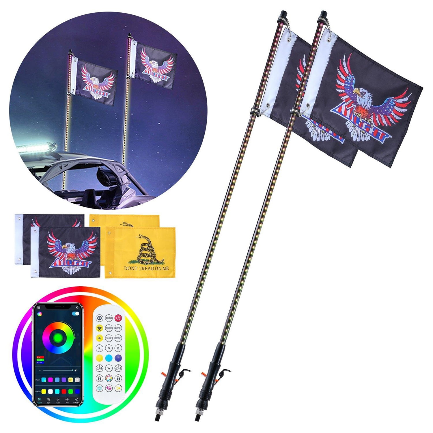 Choco Moon LED Whip Light, Waterproof RGB Chasing Whips with Remote Control, 4 Flags Kit for ...