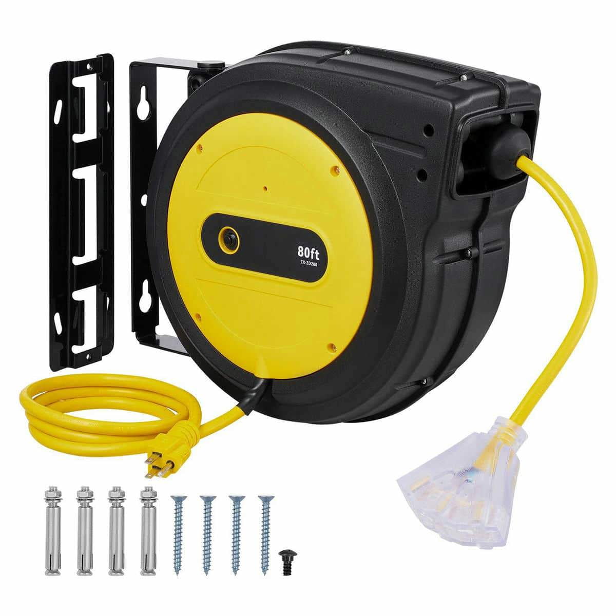 Choco Moon Retractable Extension Cord Reel Power Cord Reel 80FT 12AWG/3C SJTOW, Black+Yellow ...