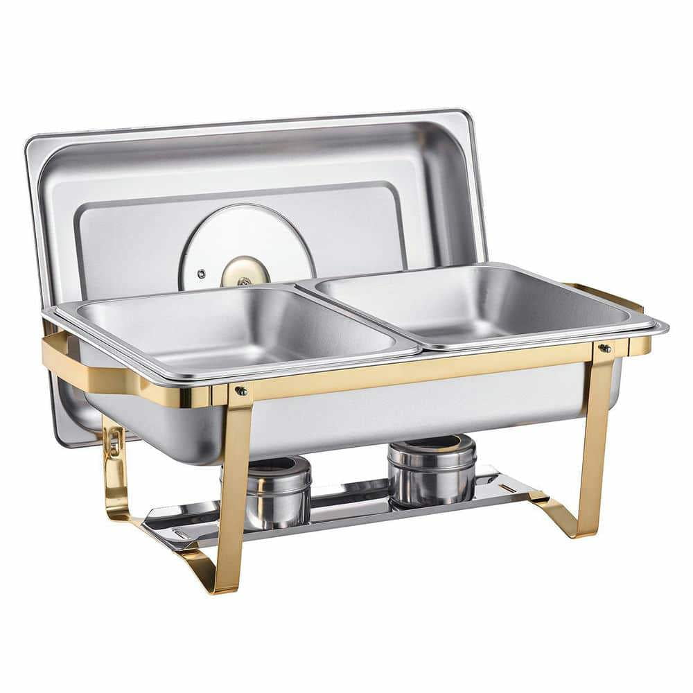 Choco Moon Stunning 4 Qt Rectangle Chafing Dish Set, 2 Pack, Half Size, Gold Stainless Steel ...