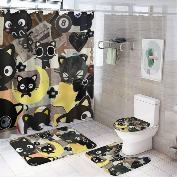 Chococat 4 Pcs Shower Curtain Sets with Rugs, Bath Mat, U Shape And ...
