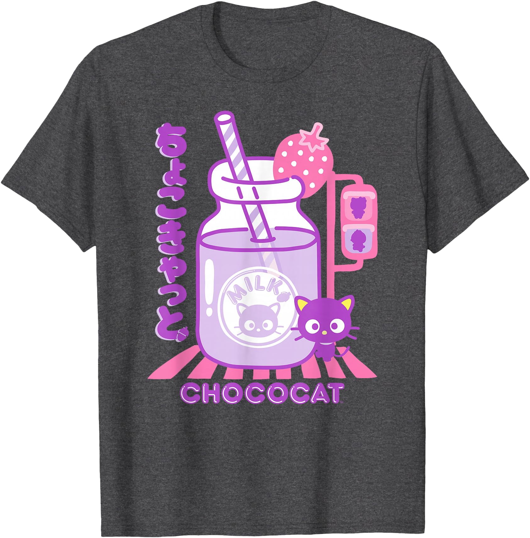 Chococat Strawberry Milk DTG Print Unisex T-Shirt,Dark Heather Grey ...