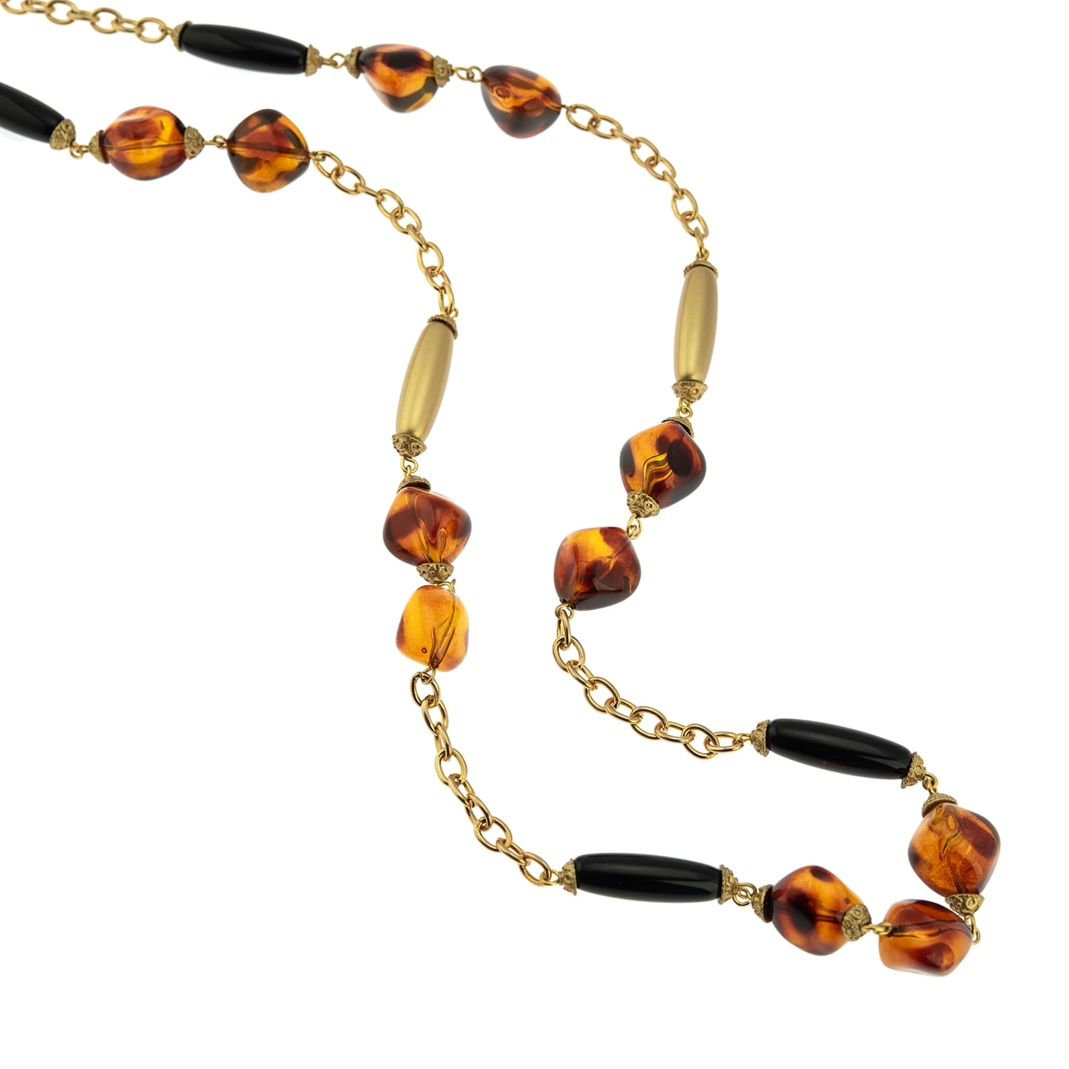 36 Inch Long Amber Brown Resin Bead Statement Necklace with Gold Tone ...
