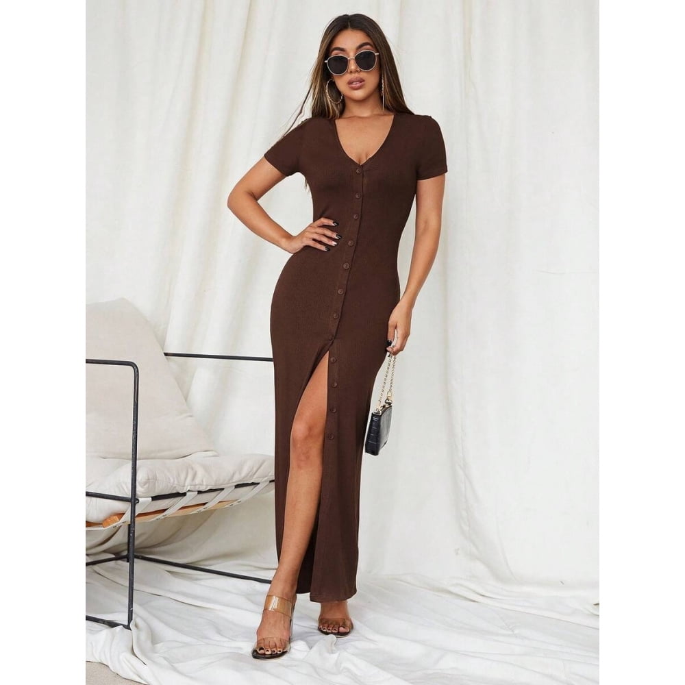 Chocolate Brown Button Front Ribbed Maxi Dress With High Slit - Walmart.com