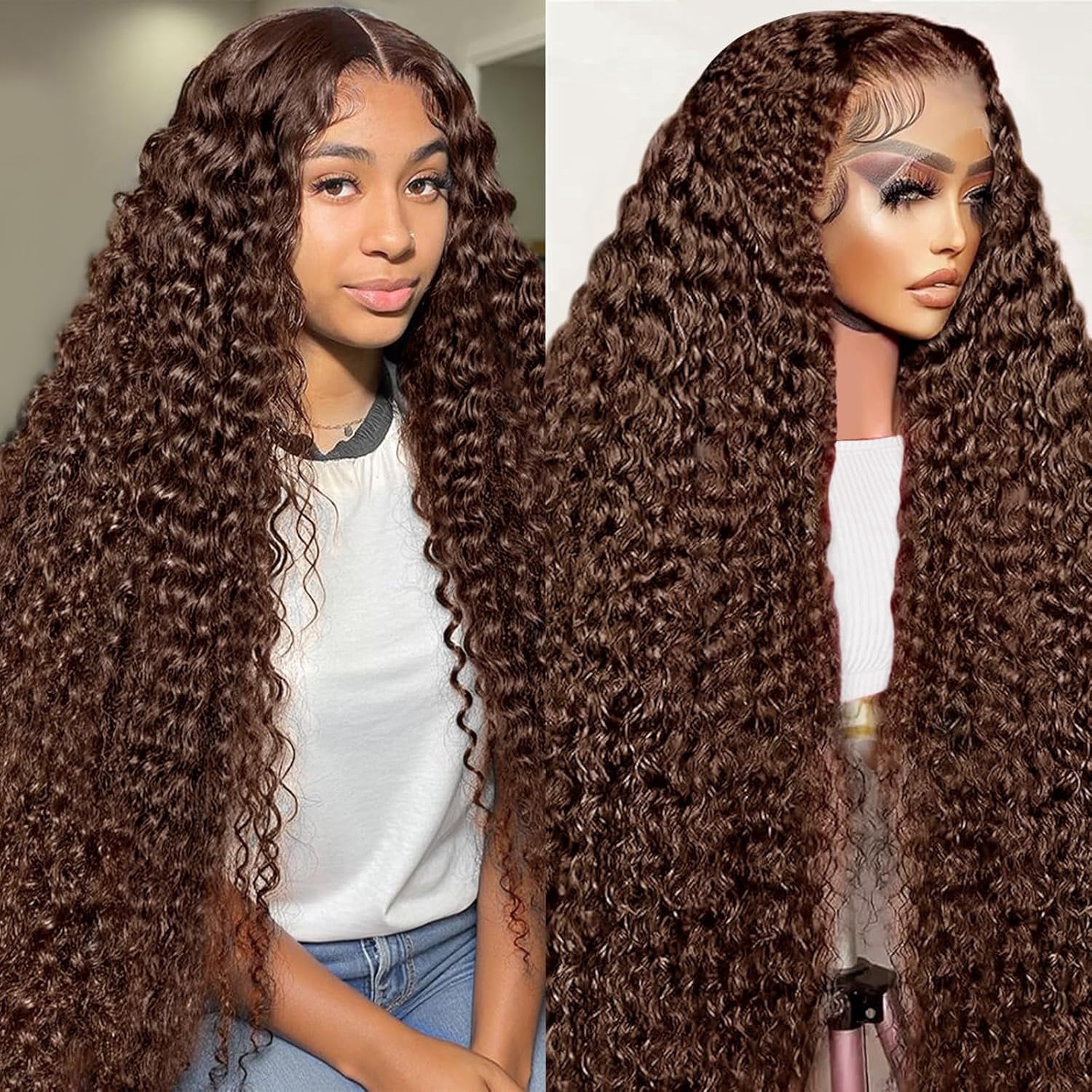 Chocolate Brown Deep Wave 13x6 HD Lace Front Wigs Human Hair 200 ...