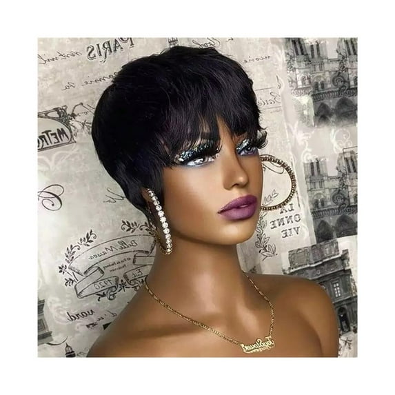 Chocolate Brown Short Pixie Cut Wig Human Hair Machine Made Wigs with ...