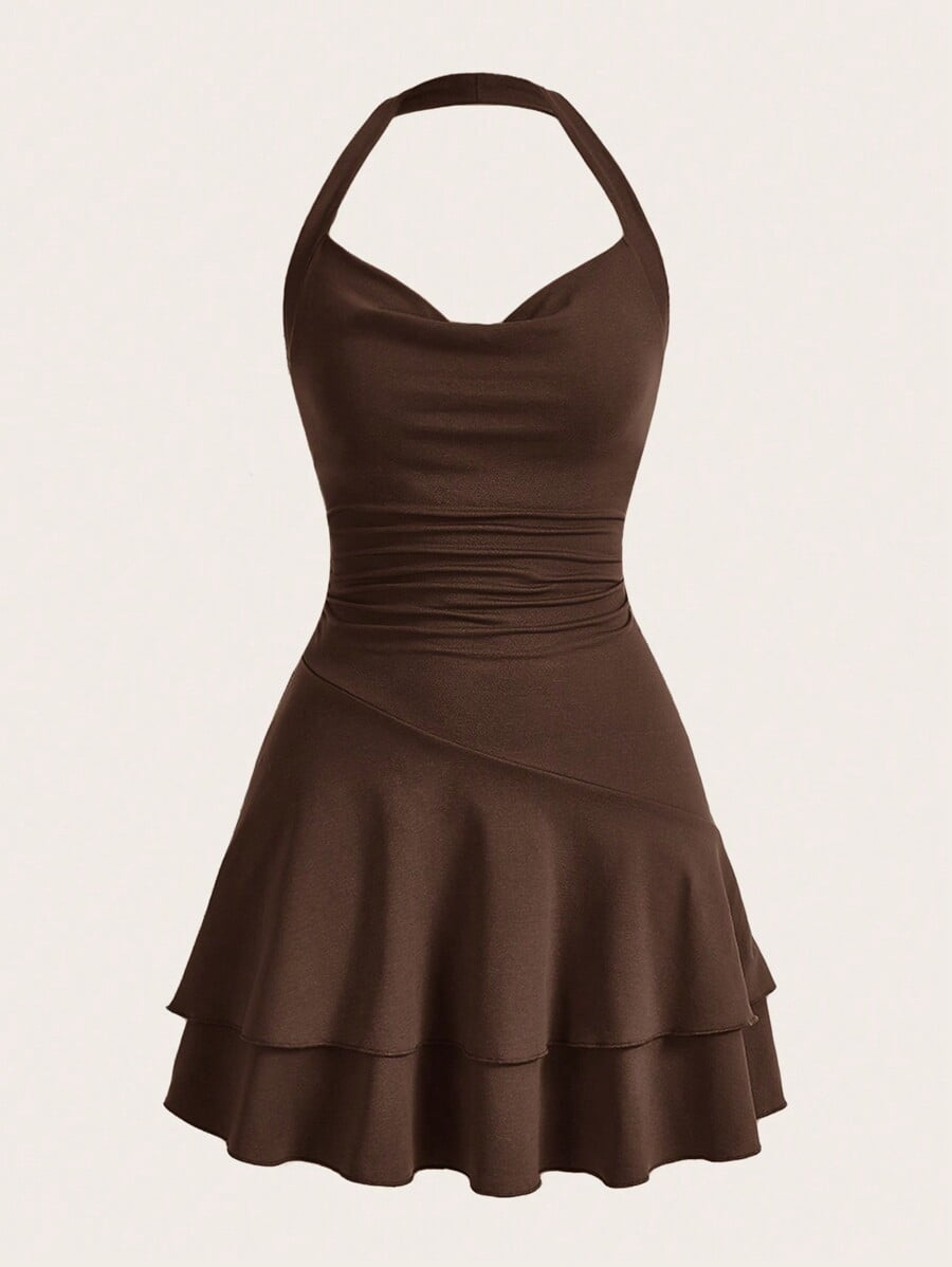 Chocolate Brown Womens Slim Fit Ruched Halter Mini Dress With Tiered ...
