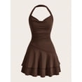 Chocolate Brown Womens Slim Fit Ruched Halter Mini Dress With Tiered ...