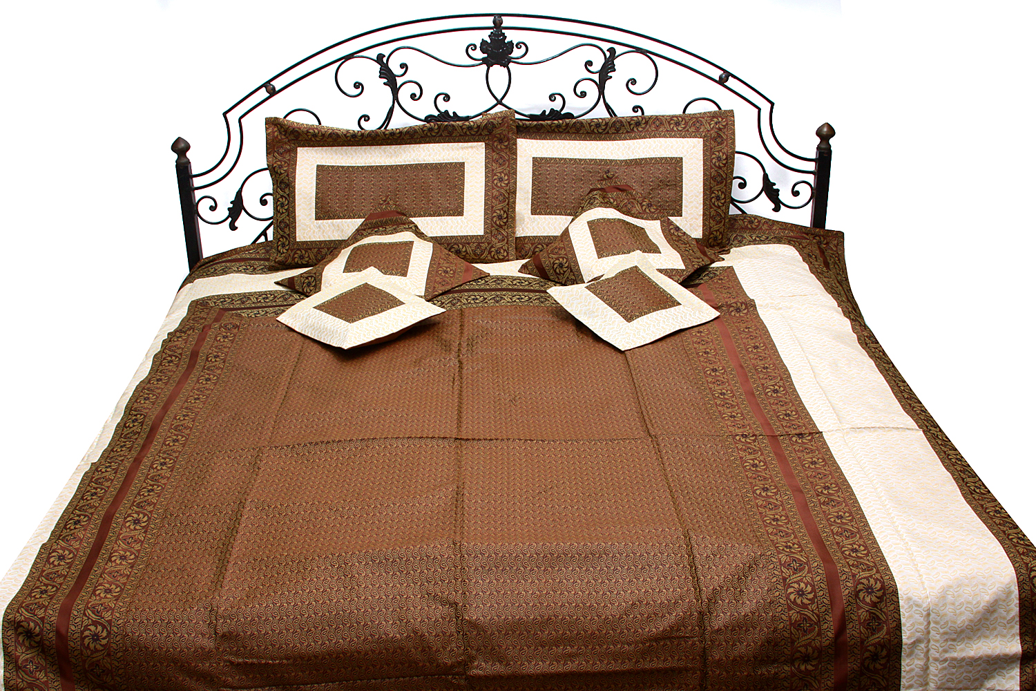 Chocolate-Brown and Ivory Banarasi Bedspread with Woven Paisleys - Art ...