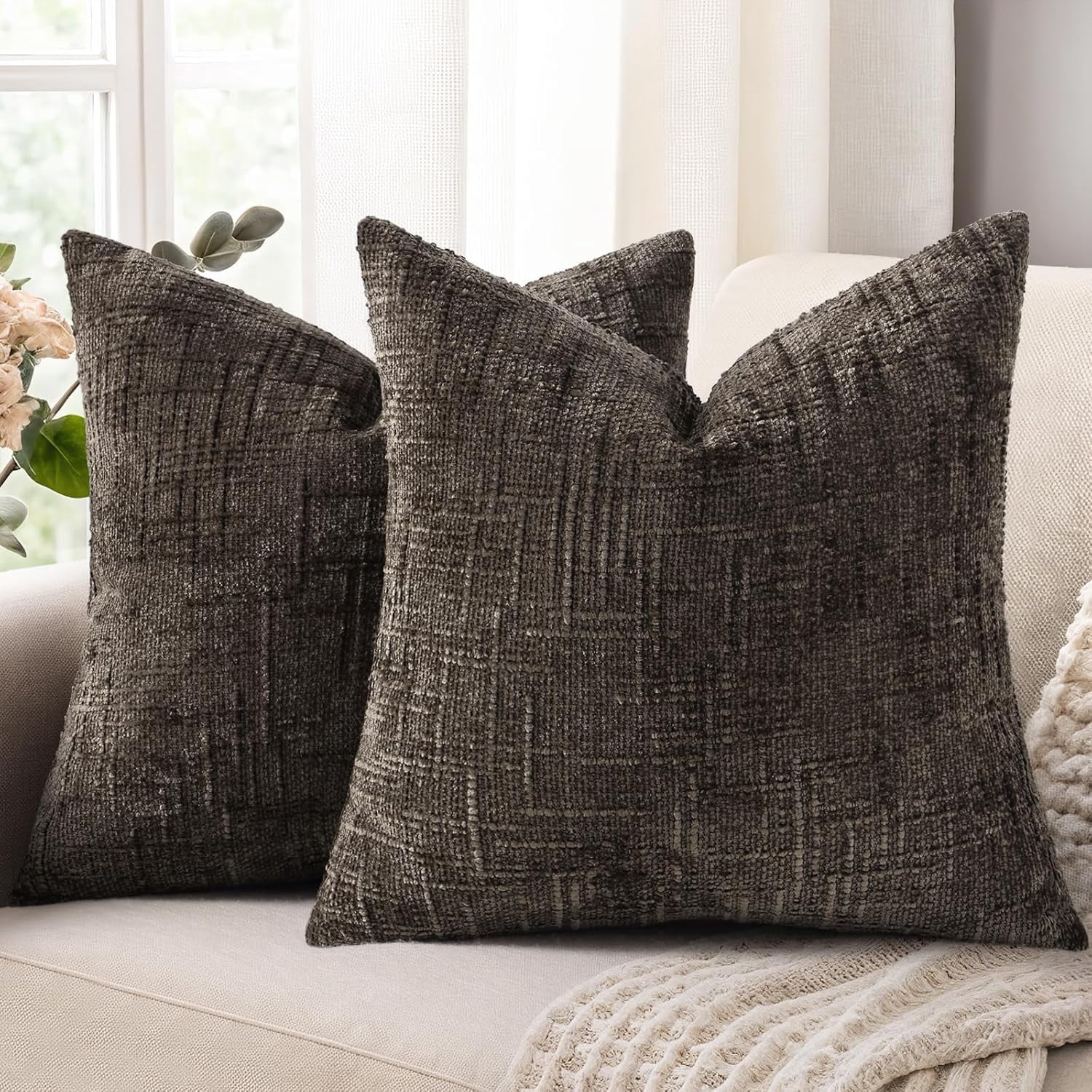 Chocolate Chenille Throw Pillow Covers 24x24 Set of 2 Thick Textured ...