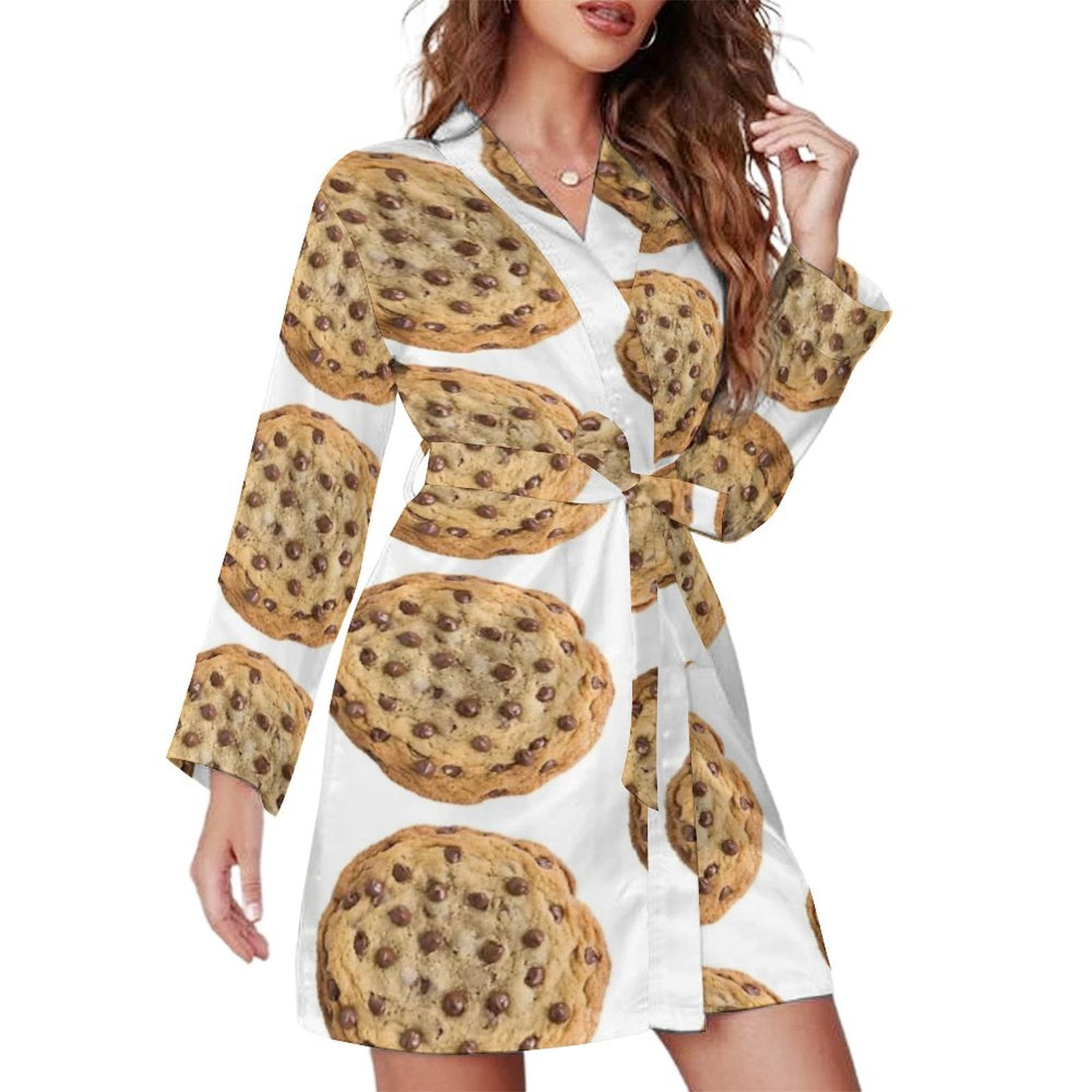 Chocolate Chip Cookie Night Robe Long Sleeve V Neck Robe With Belt ...