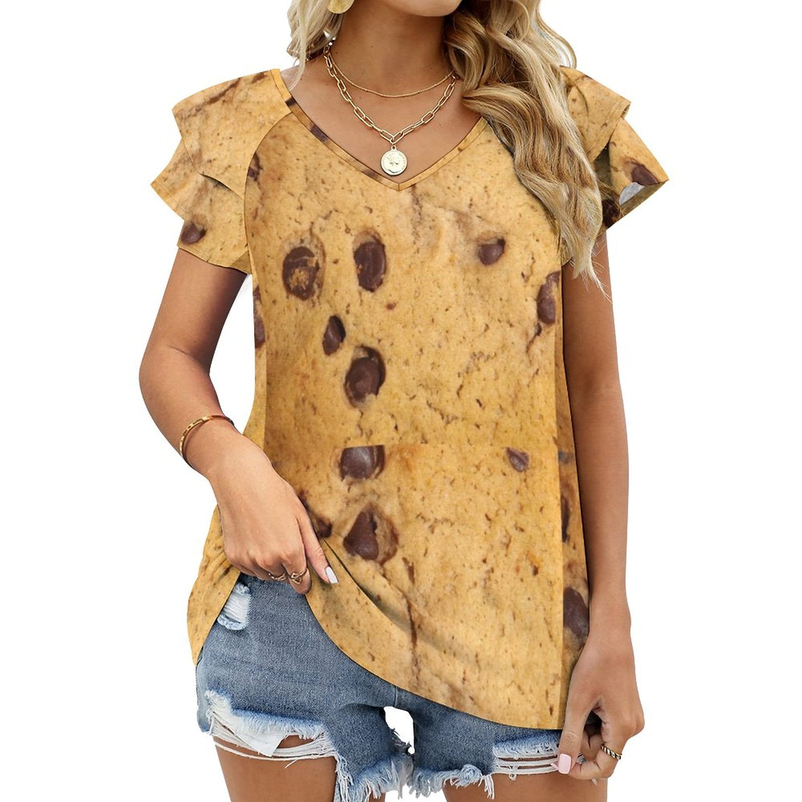 Chocolate Chip Cookie ( Textures ) Lotus Leaf Neck Women'S T-Shirt Cute ...