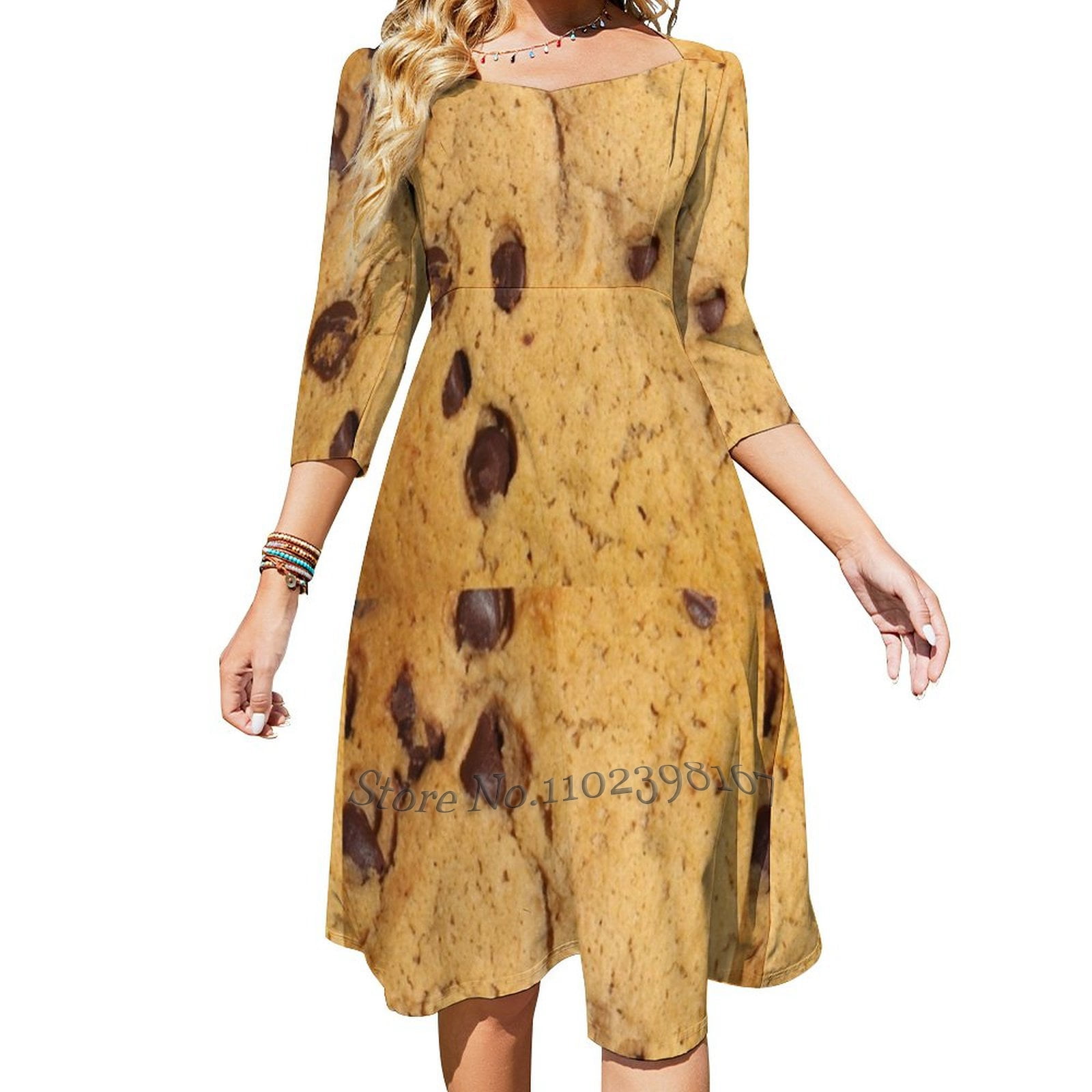 Chocolate Chip Cookie ( Textures ) Square Neck Dress Cute Loose Print ...