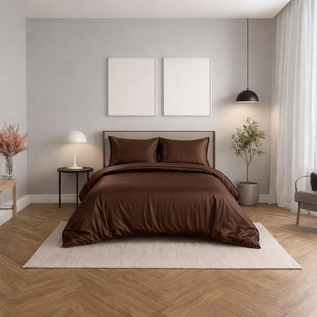 Chocolate Color Mulberry Silk 3-Sided Zipper Closure Duvet Cover Set (3 ...