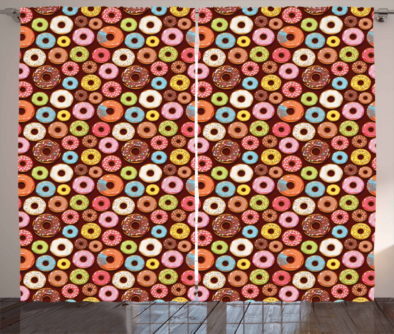 Ambesonne Chocolate Curtains 2 Panel Set, Colorful Yummy Donuts Art ...