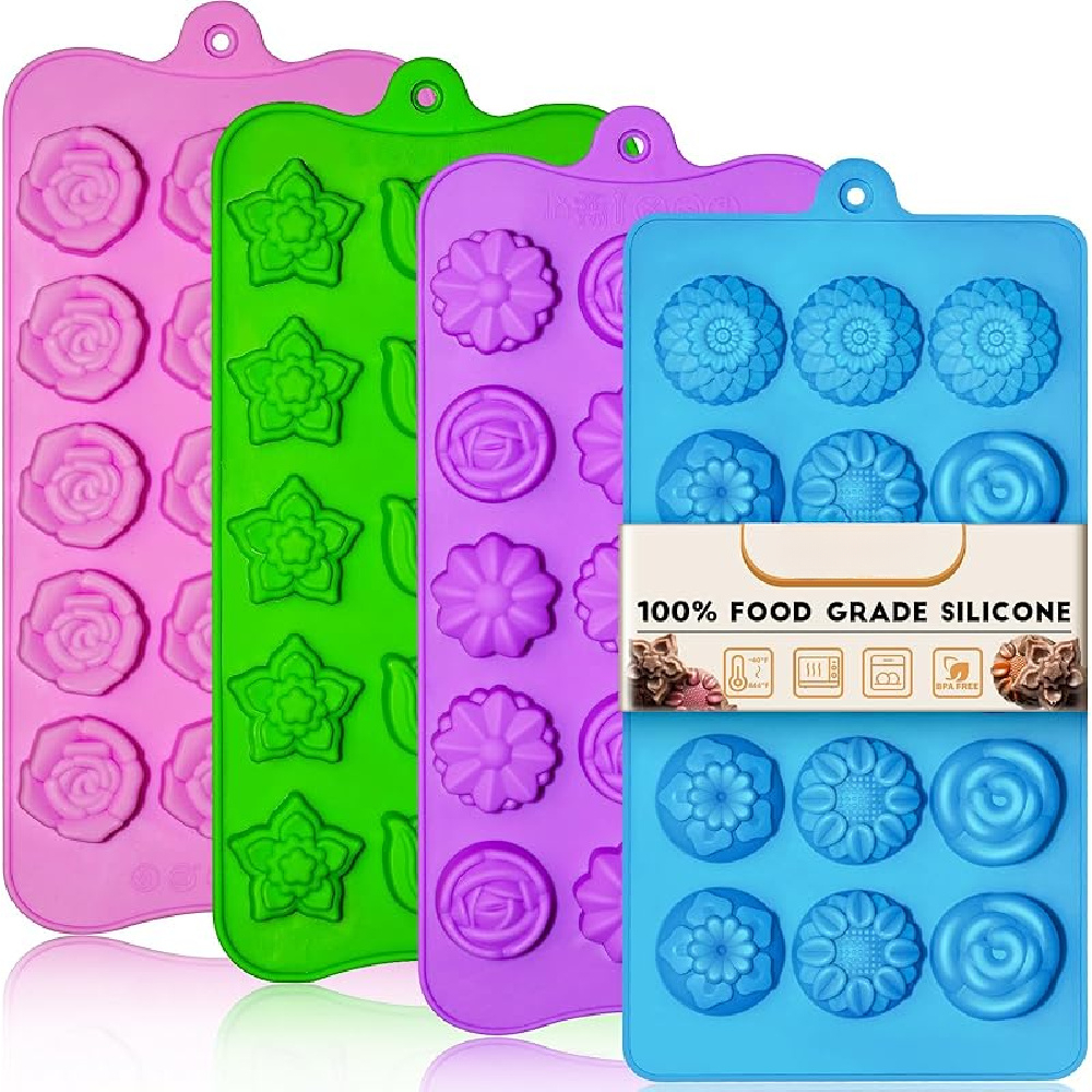 Chocolate Flower Molds Silicone 4 Pack, 11 Shapes 60 Cavities Chocolate ...