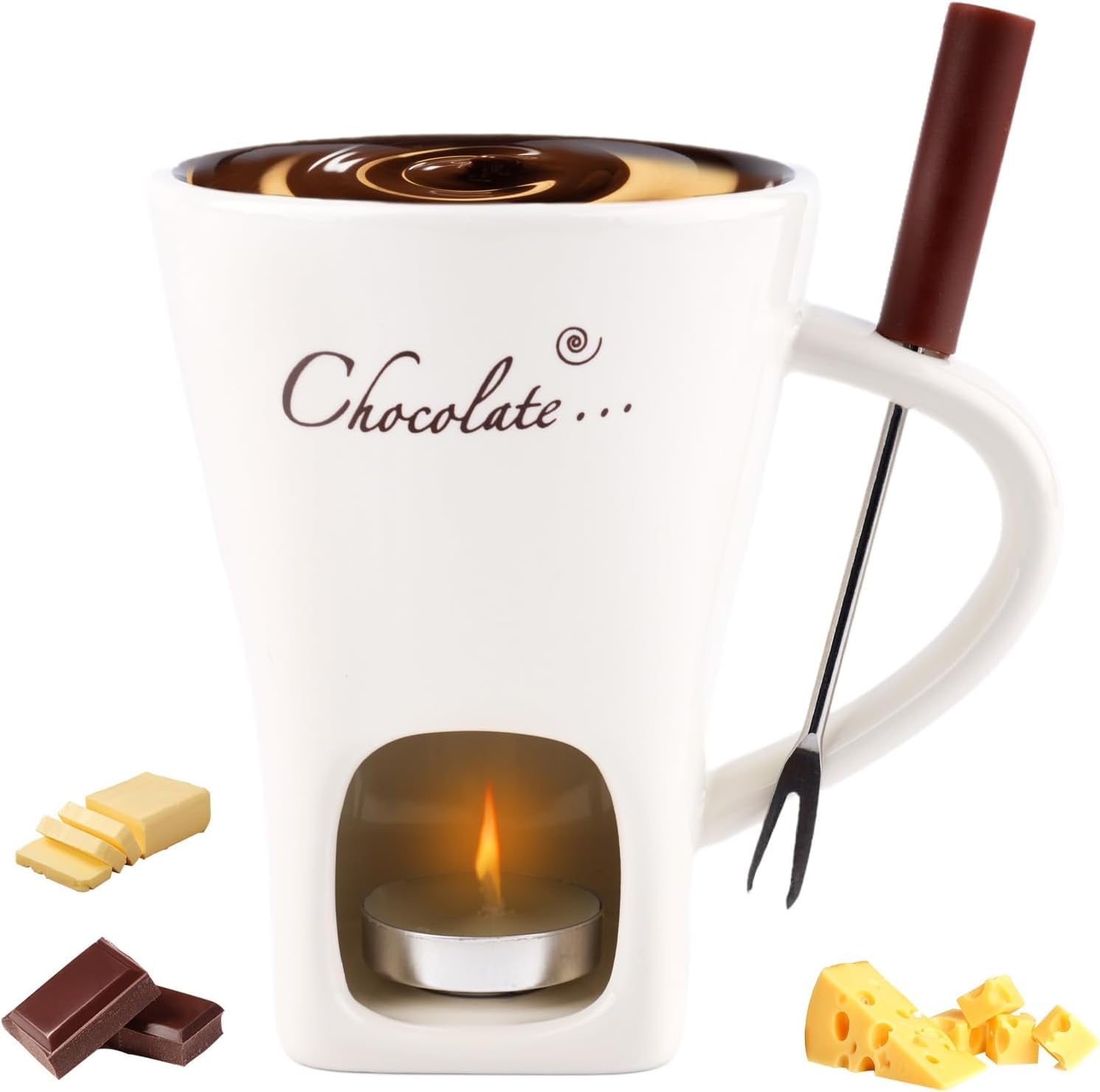 Chocolate Fondue Mug with Fork, Sweet Melting Cup with Tealights for Chocolate Cheese & Desserts ...