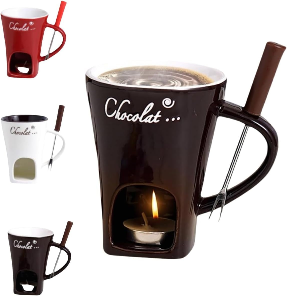 Chocolate Fondue Mug with Forks –Ceramic Melting Mug Set, Personal ...