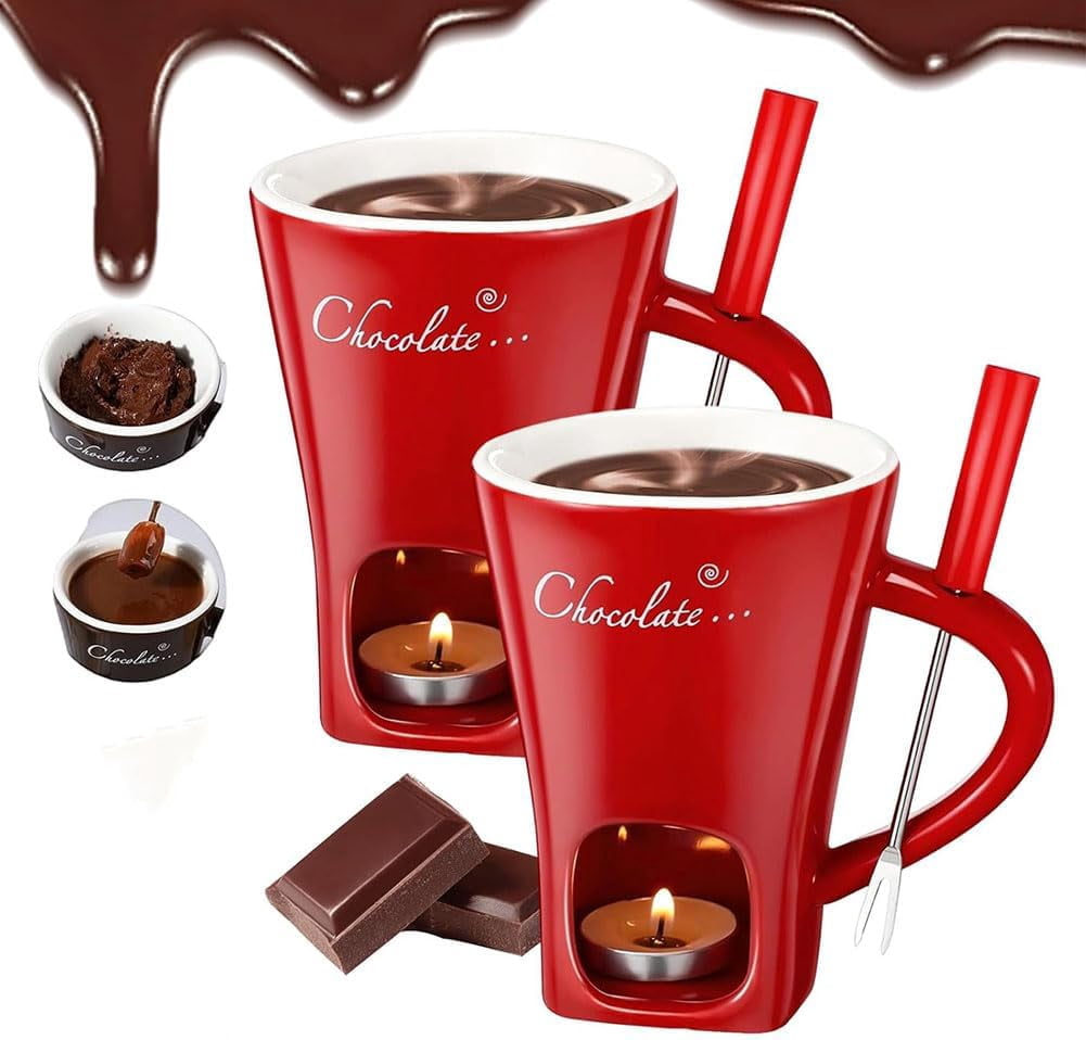 Chocolate Fondue Mug Set with Fork, Ceramic Personal Chocolate Melting ...