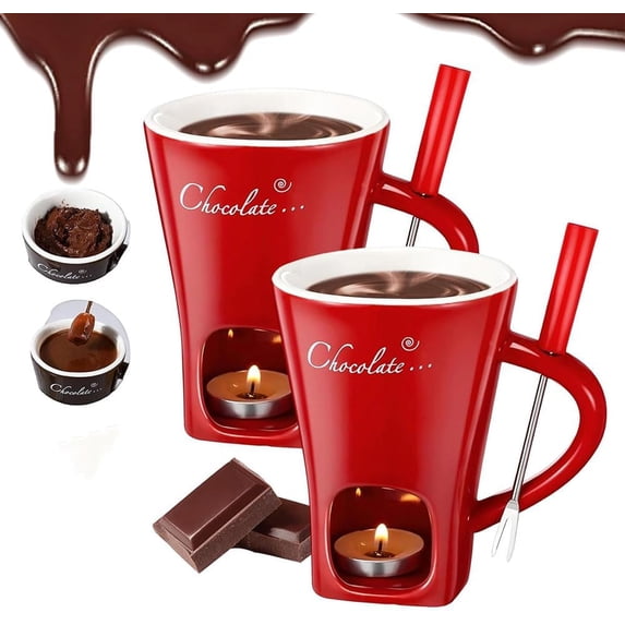 Chocolate Fondue Mug Set with Fork, Ceramic Personal Chocolate Melting ...