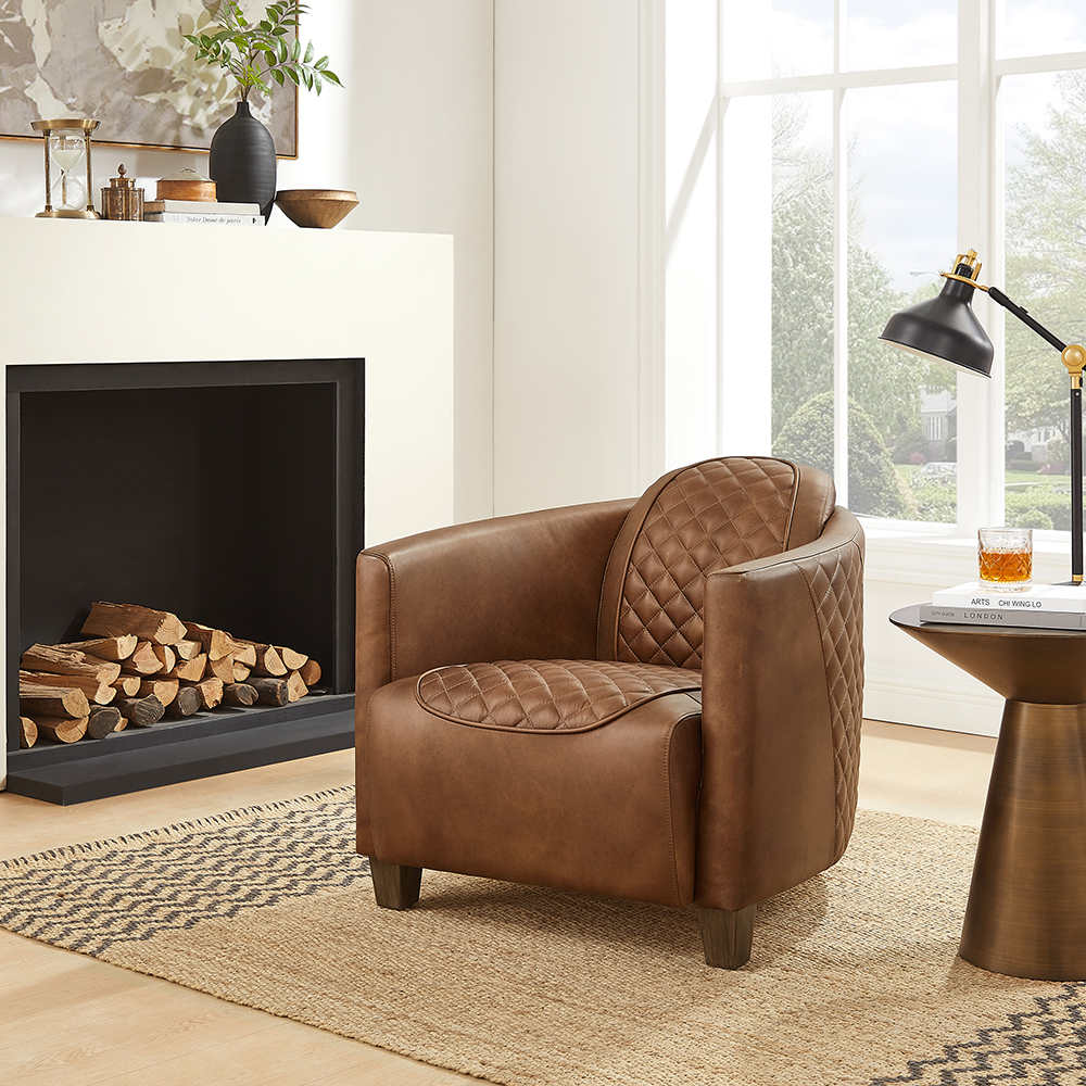Chocolate Genuine Leather Accent Arm Chair with Wood Legs - Walmart.com