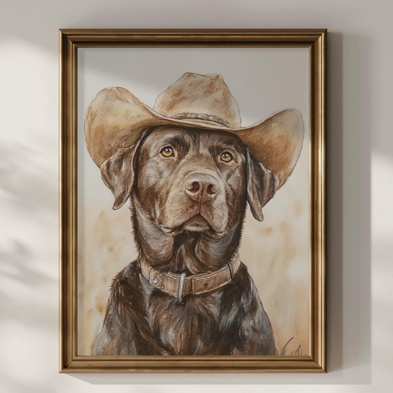 Chocolate Labrador Cowboy Hat Print Poster Funny Dog Wall Art Decor ...